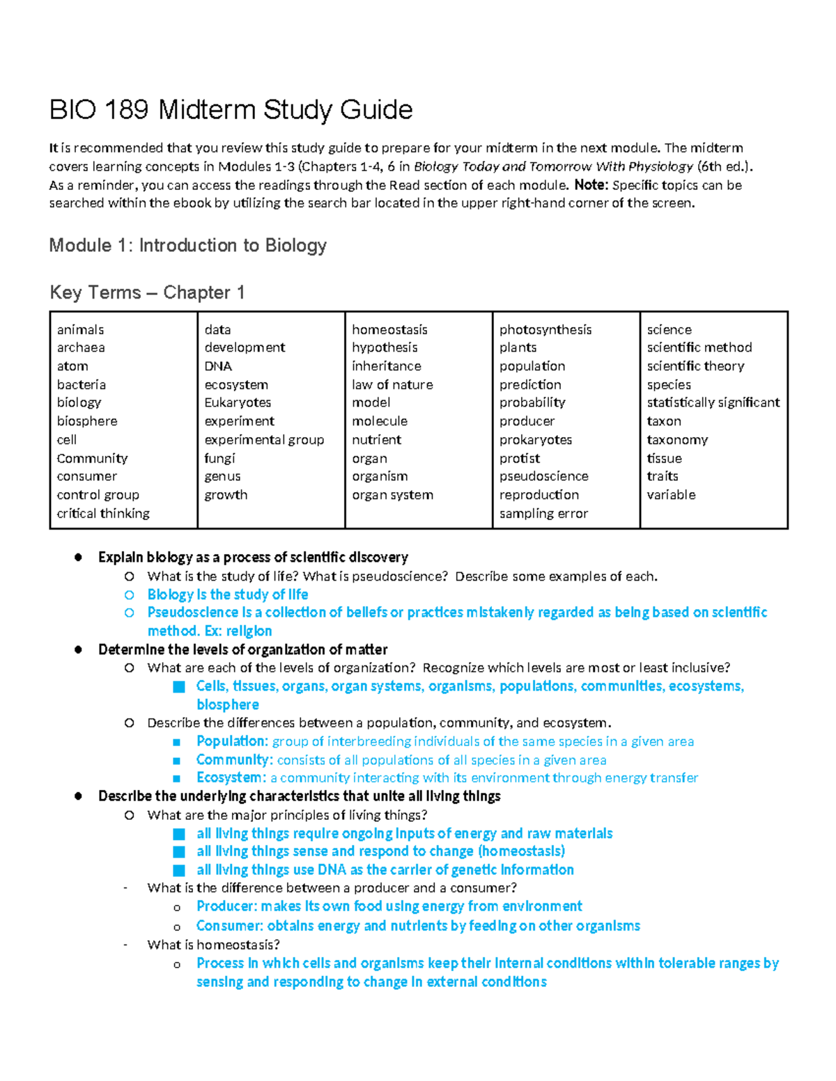 BIO 189 Midterm Study Guide: Key Concepts from Modules 1-3 - Studocu