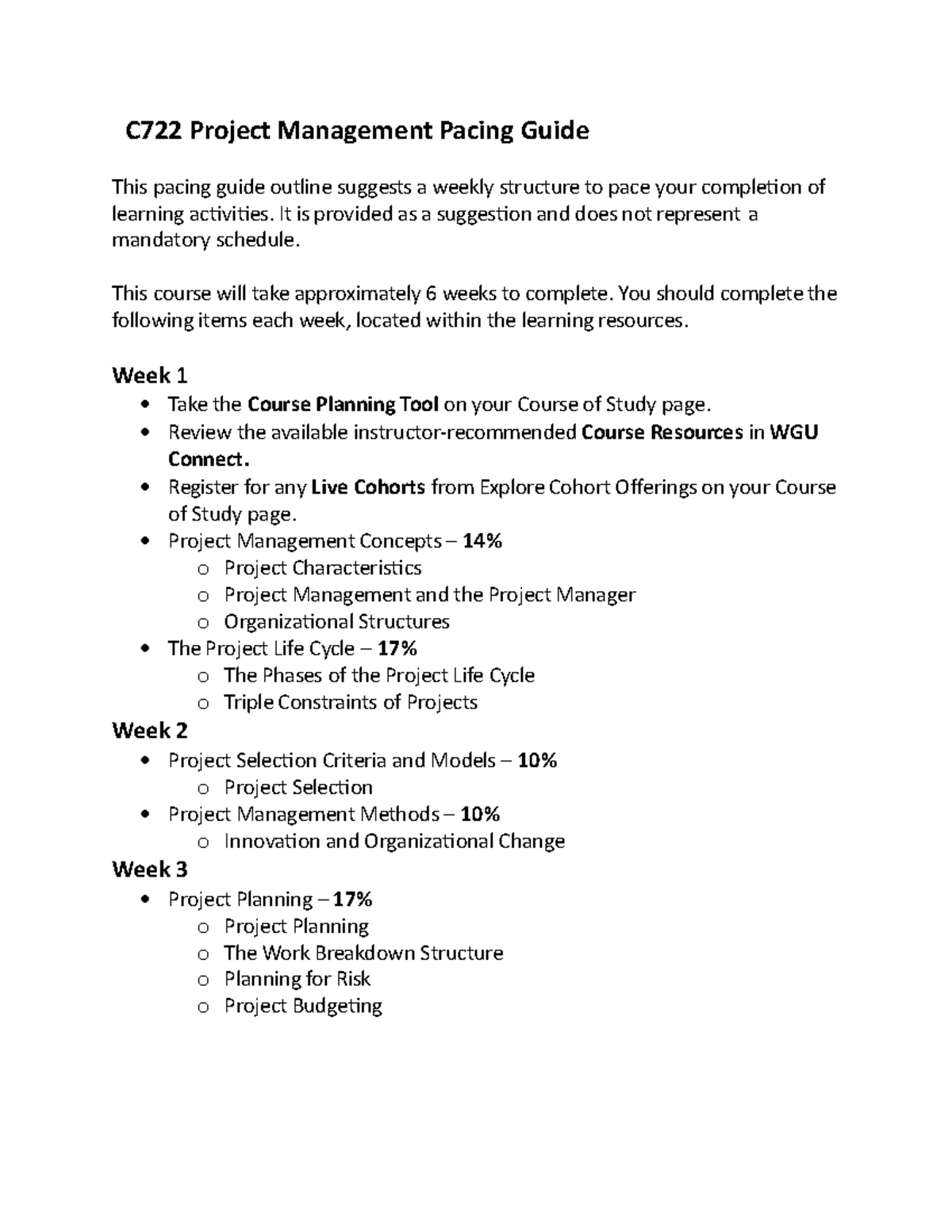 C722 Project Management Weekly Pacing Guide for Success - Studocu