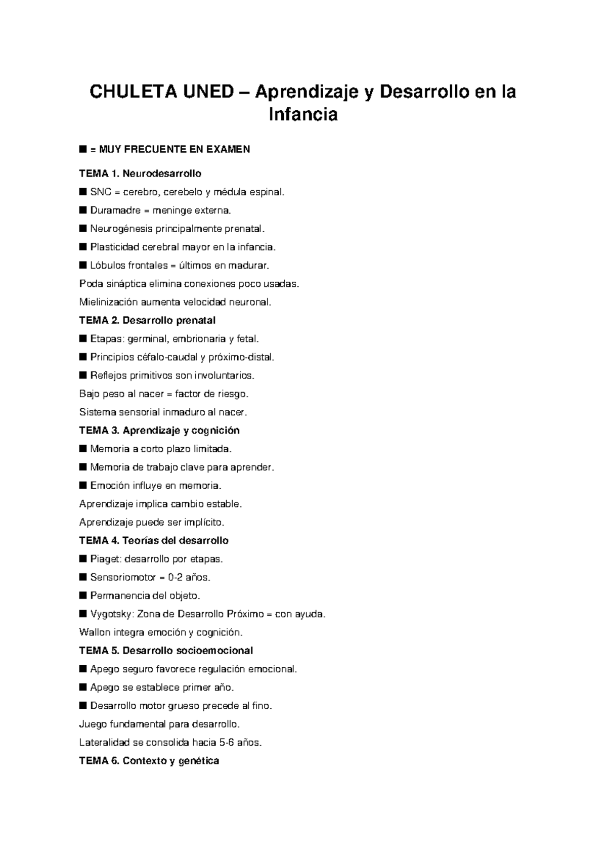 Chuleta UNED: Aprendizaje y Desarrollo en la Infancia - Examen TEMA 1-6 ...