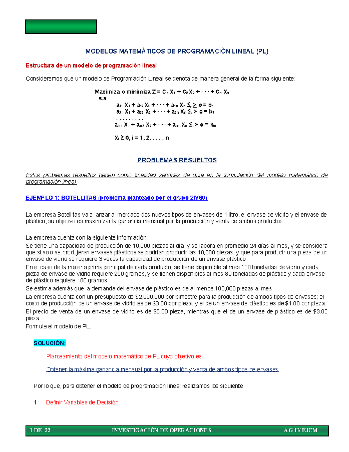 24-1 Modelos matemáticos de Programación Lineal (PL) y Ejemplos - Studocu
