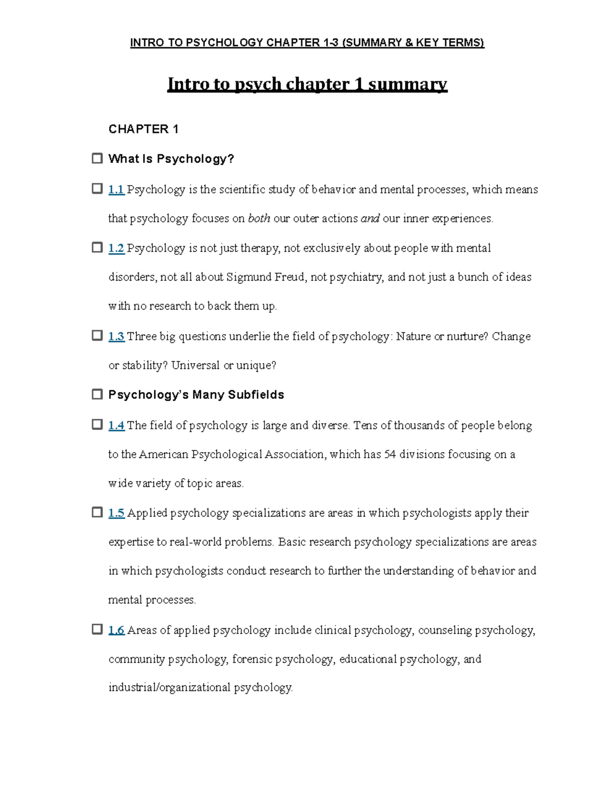 INTRO TO PSYCHOLOGY CHAPTERS 1-3 STUDY GUIDE FOR EXAM 1: KEY TERMS ...