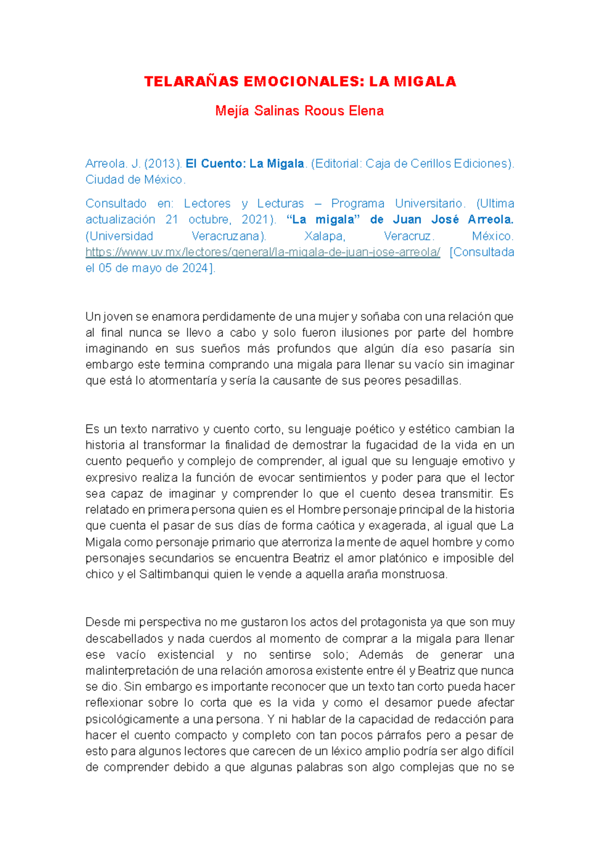 Reseña Crítica: Análisis de "La Migala" - TEL 101 - Studocu