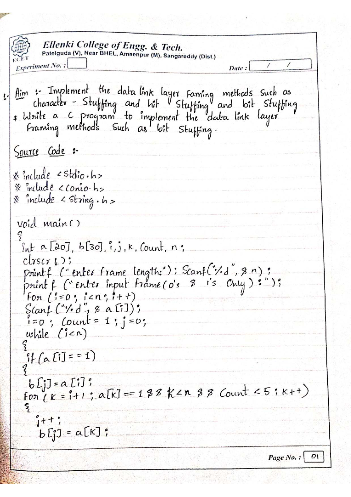 C Program Implementation of Data Link Layer Framing Methods - ECET - Studocu