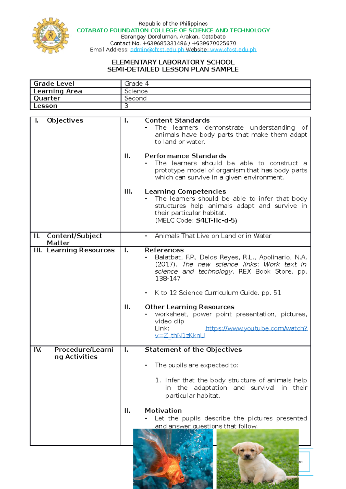 Semi-Detailed Lesson Plan: Animals on Land and in Water - Grade 4 ...