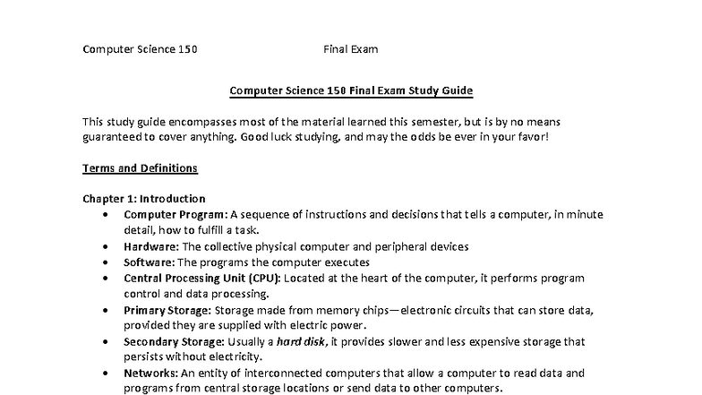 Computer Science 150 Final Exam Study Guide & Key Concepts - Studocu