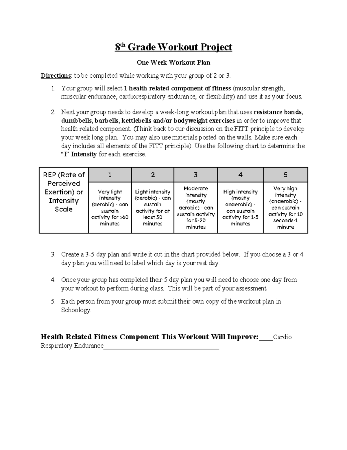 8th Grade Fitness - Week-Long Workout Plan Project - Studocu