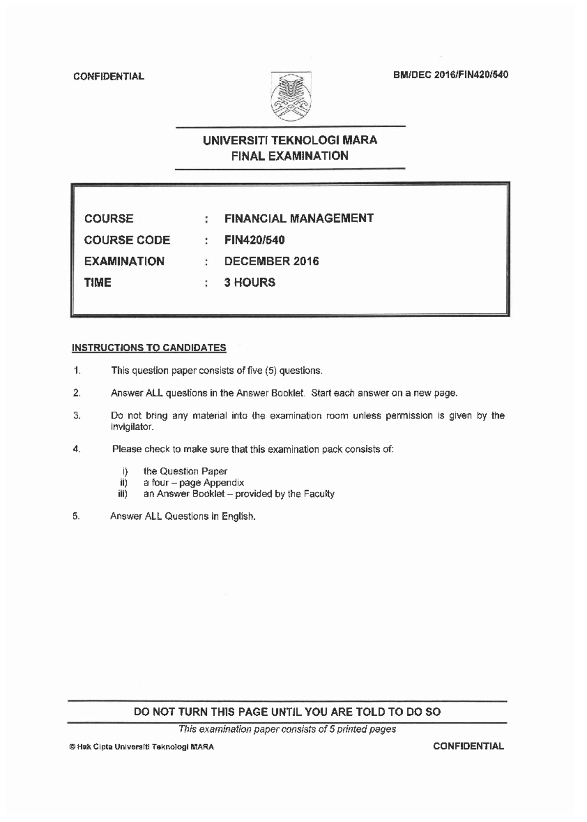 FIN 420 - Financial Management Final Exam Paper December 2016 - Studocu