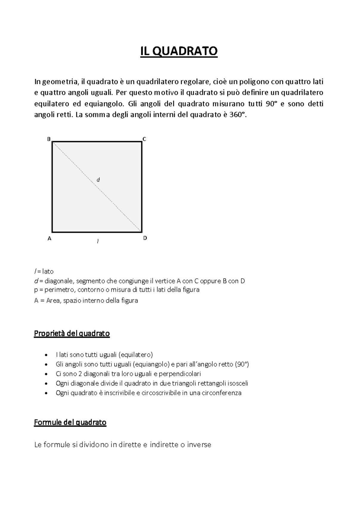 Geometria: Proprietà e Formule del Quadrato - Corso di Matematica - Studocu