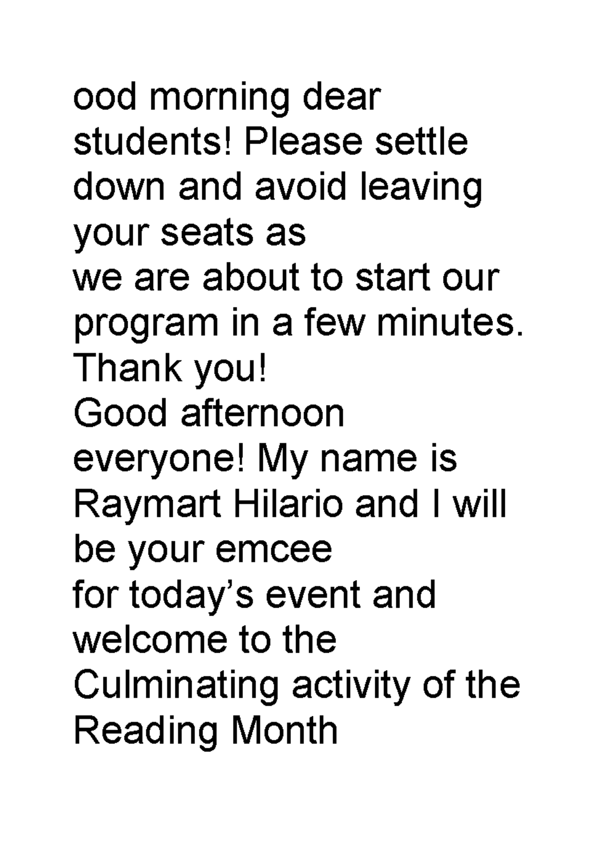 Script for Reading Month Culminating Activity - Studocu