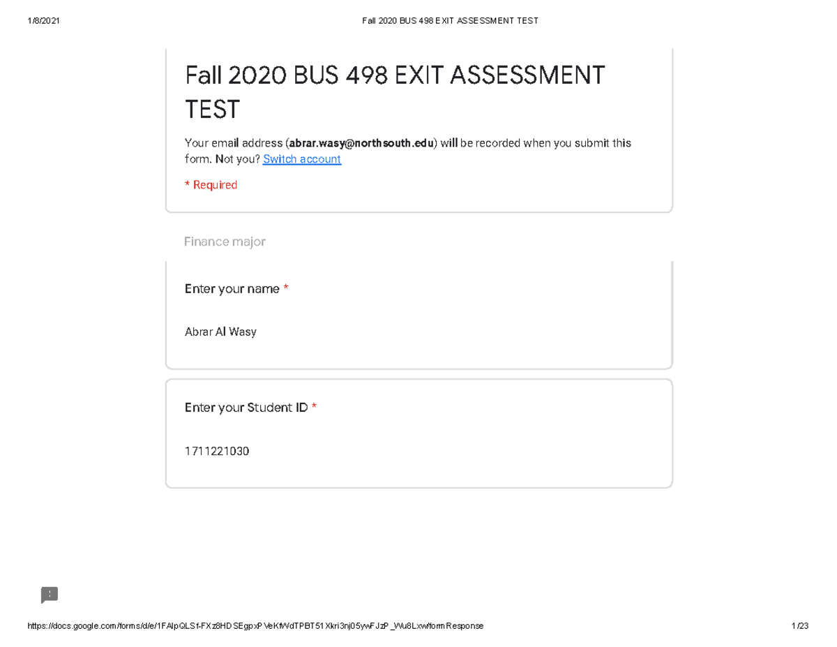 Fall 2020 BUS 498 Exit Assessment Test Questions and Answers - Studocu