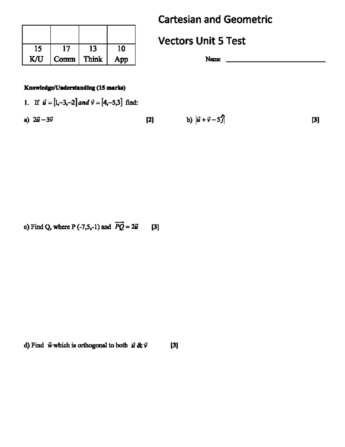 Unit 5 Test: Cartesian & Geometric Vectors Practice (15 Marks) - Studocu