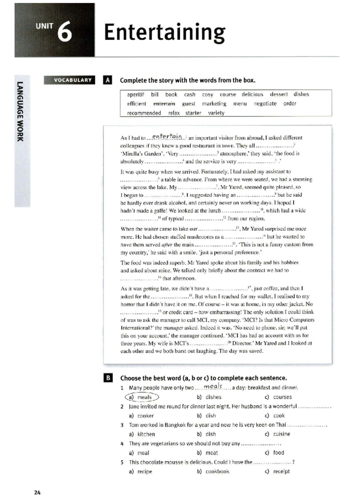 UNIT 6 LANGUAGE WORK VOCABULARY: Entertaining and Business ...