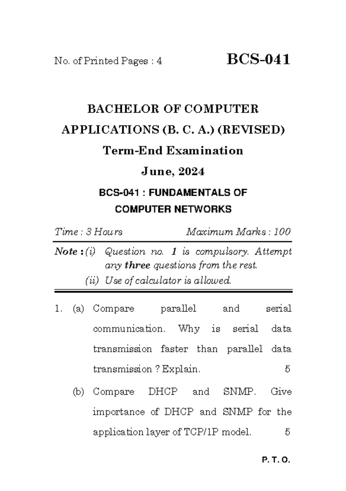 BCS-041 June 2024 Exam Paper: Fundamentals of Computer Networks - Studocu