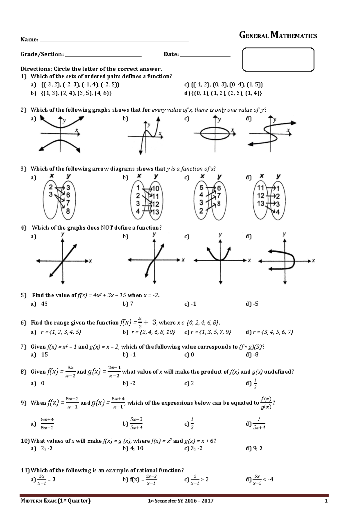 General Mathematics Quiz - Studocu