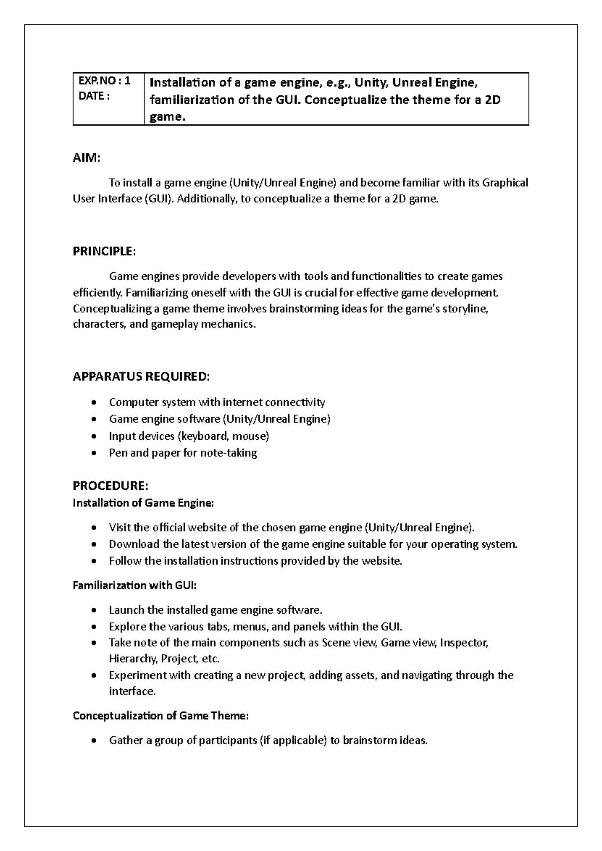 GAME Development LAB Manual: Installation, GUI Familiarization ...
