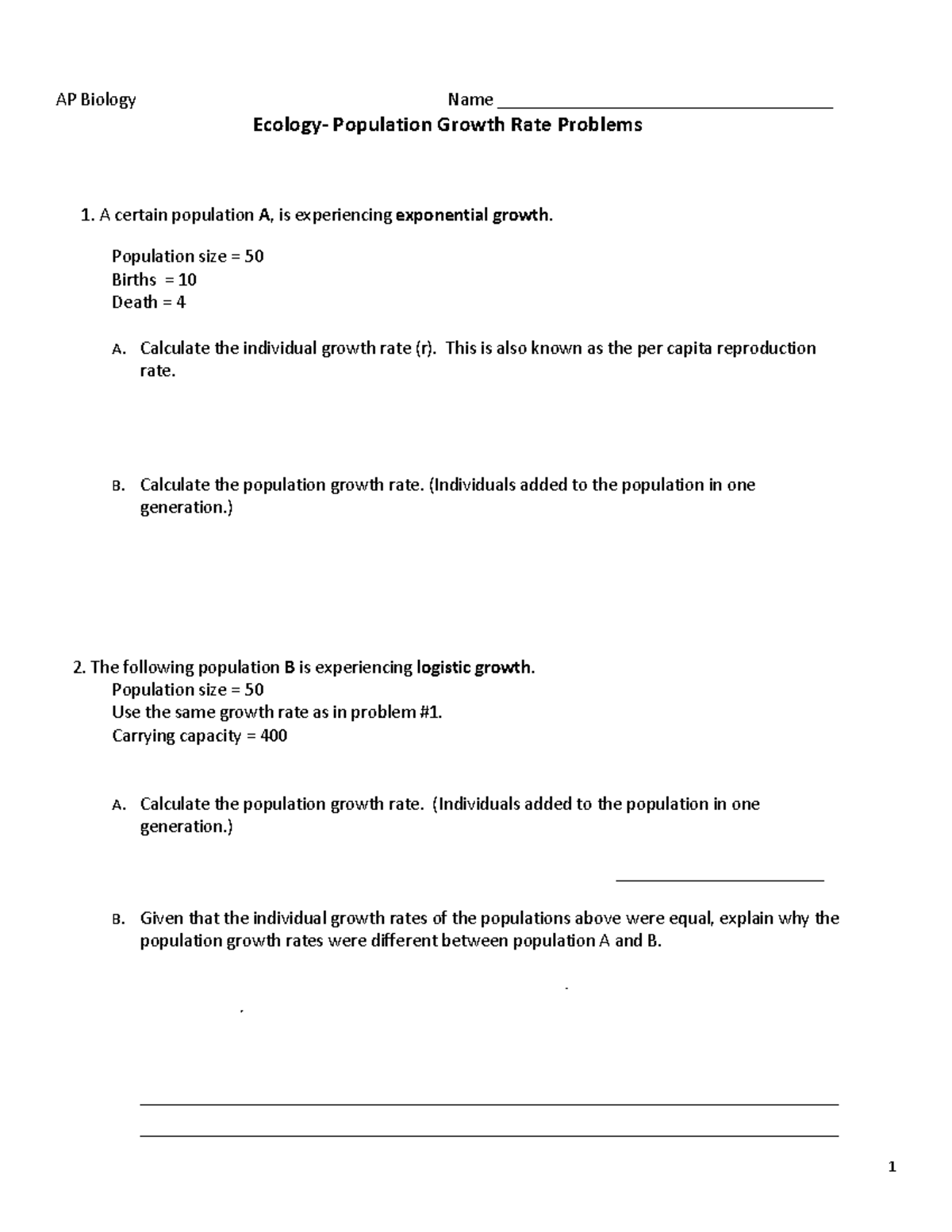 AP Biology: Population Growth Rate Problems and Solutions - Studocu
