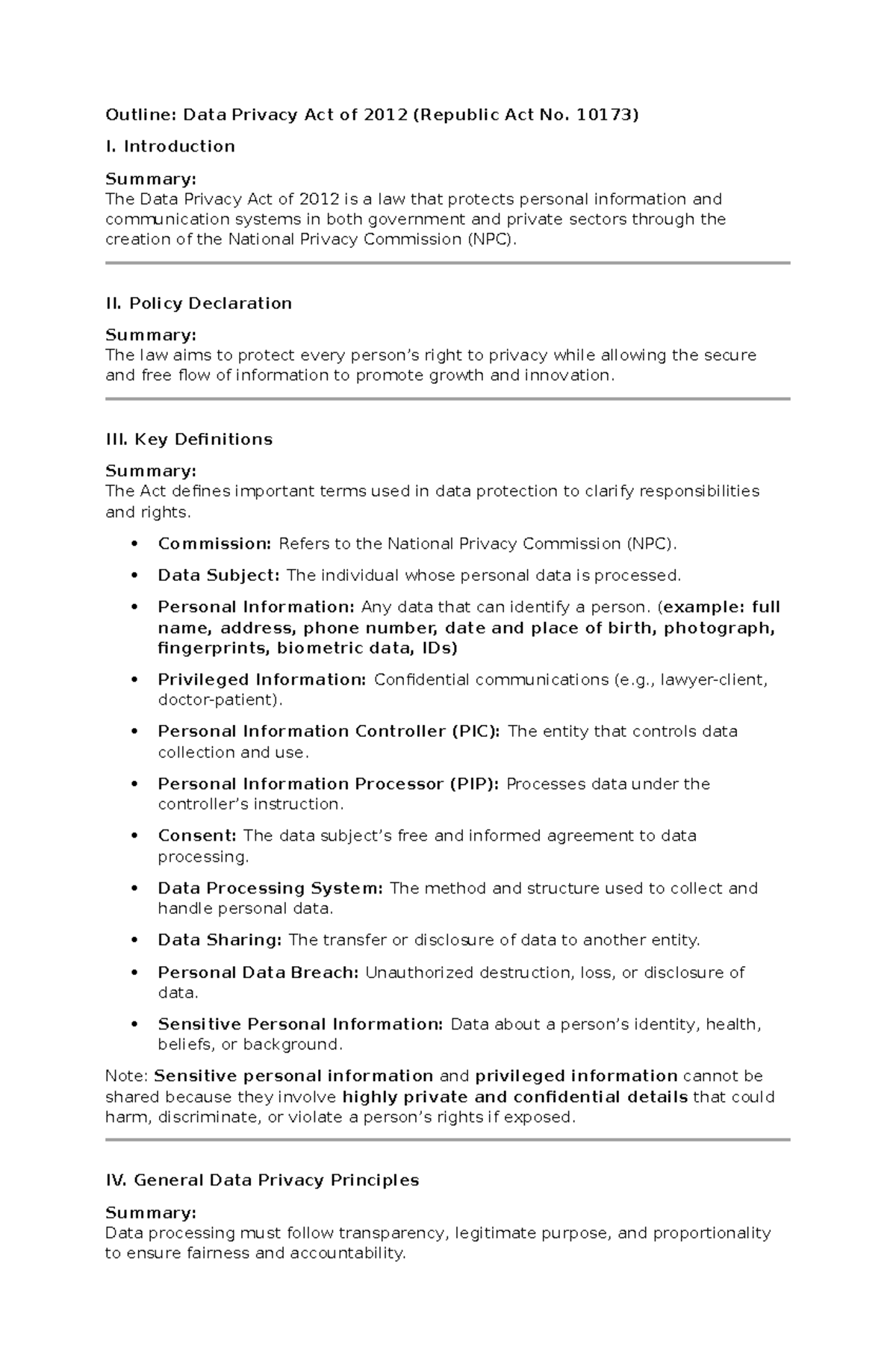 Outline: Data Privacy Act of 2012 (RA 10173) - Key Principles & Rights ...