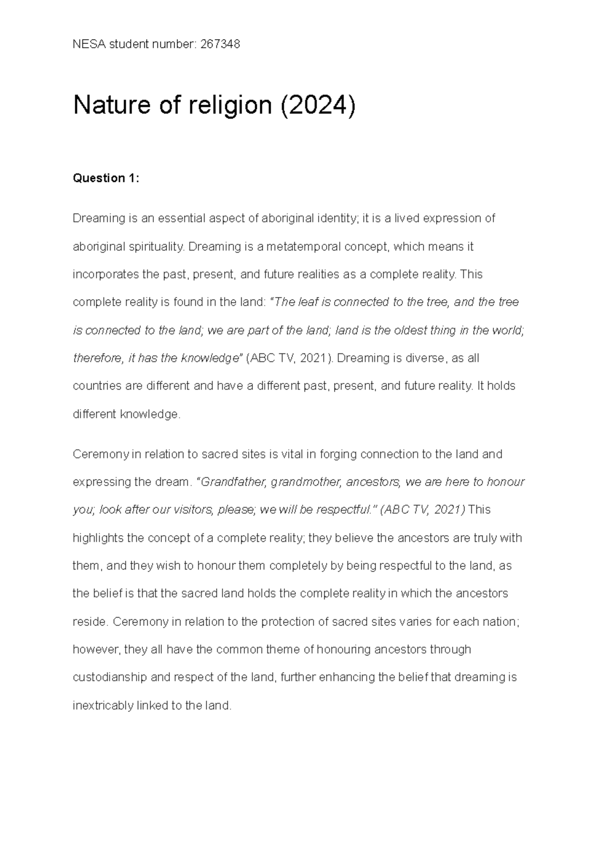 SF - Final Exam: The Role of Religion in Aboriginal Dreaming and ...