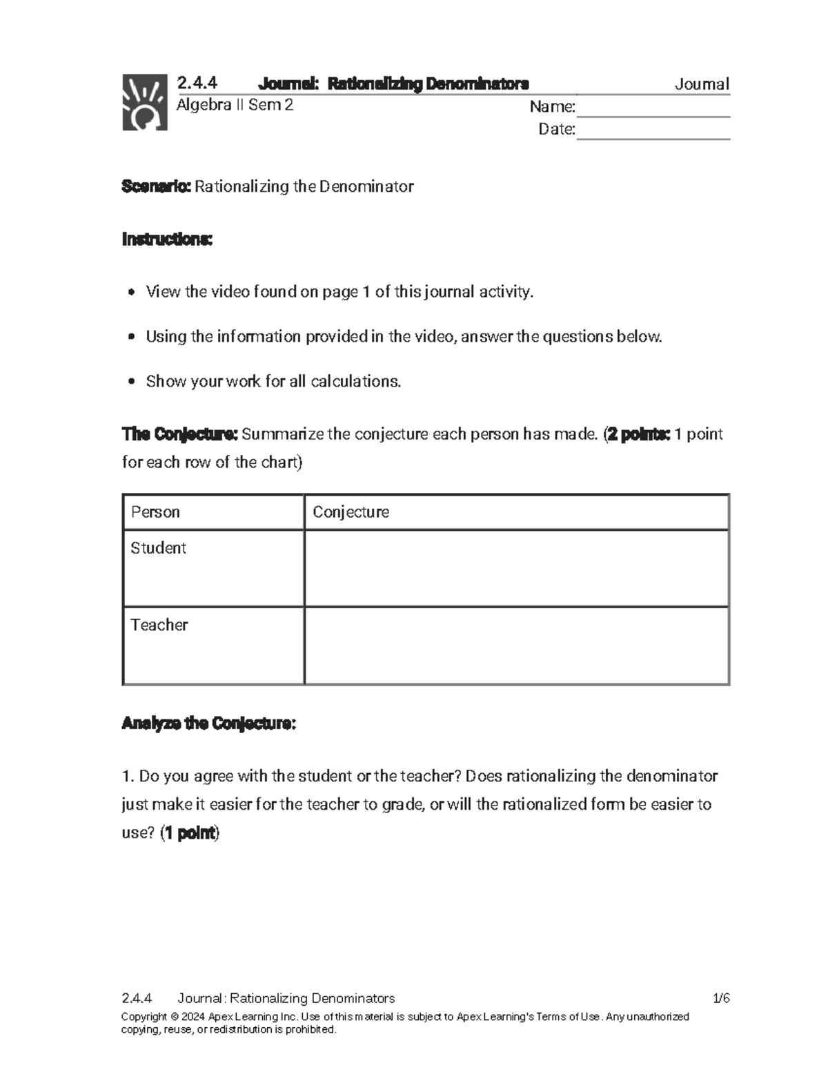 2.4.4 Journal: Analyzing Rationalizing Denominators in Algebra II - Studocu