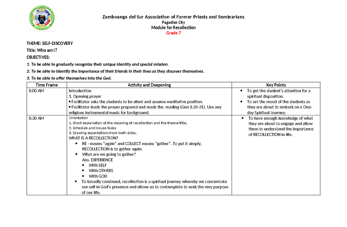 Recollection Module for Grade 7: Self-Discovery Activities - Studocu
