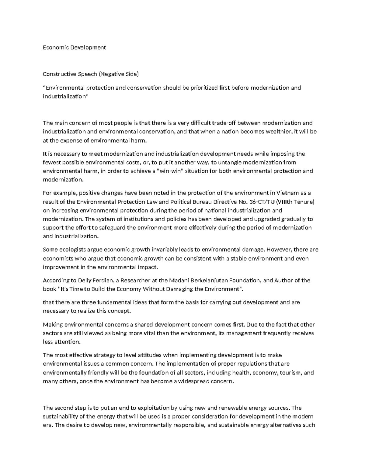 Constructive Speech - economic development - Economic Development ...