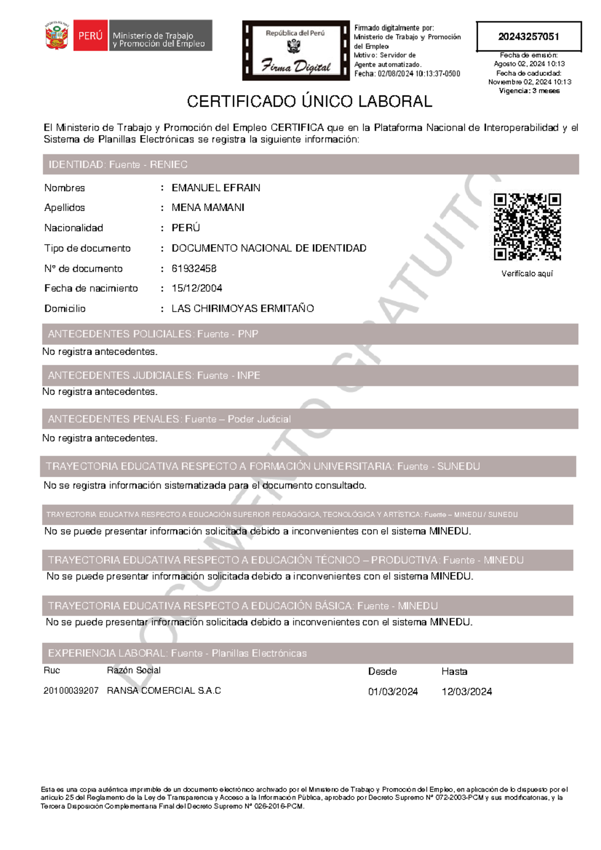 Certificado Único Laboral - CUL-NGRi 2024 - Emanuel Mena Mamani - Studocu