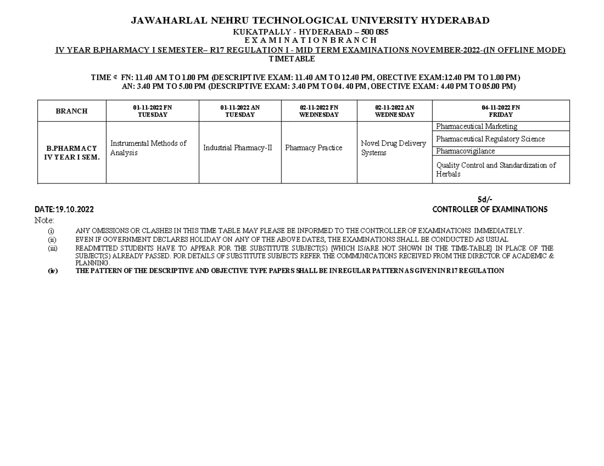 B.Tech IV Year I R18 Midterm Exam Timetable - Nov 2022 - Studocu