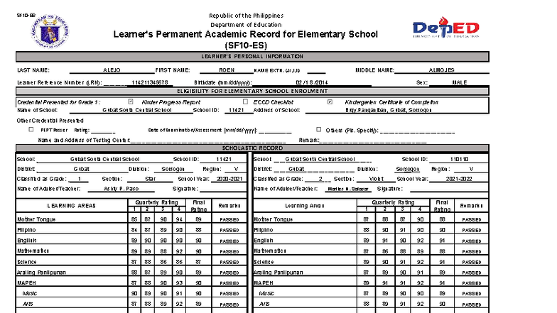 SF10 - Permanent Academic Record for Elementary School (Form 137) - Studocu
