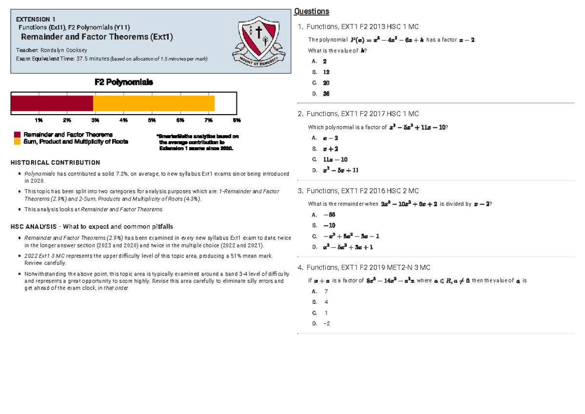 HSC EXT1 F2 Functions: Remainder & Factor Theorems Questions - Studocu