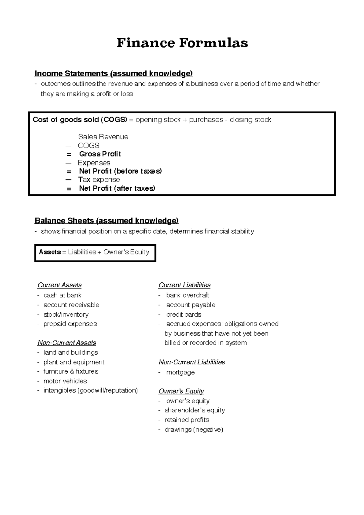 Finance Formulas - Business Studies (BFS 101) for Exam Preparation ...
