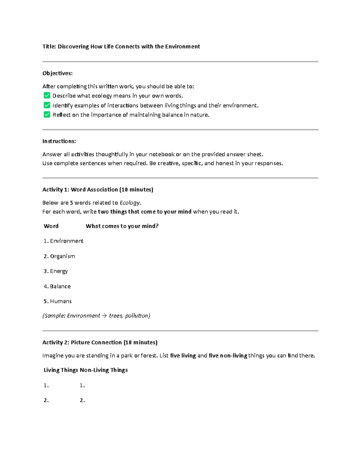 Activity - Ecology - Assessment (Course Code: ECOL101) - Studocu