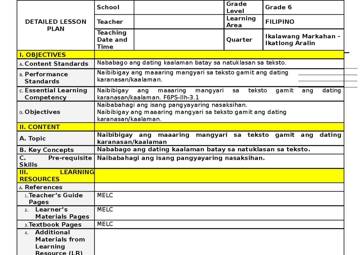 Detailed Lesson Plan for Grade 6 Filipino (FIL6) Q2 M3 - Studocu