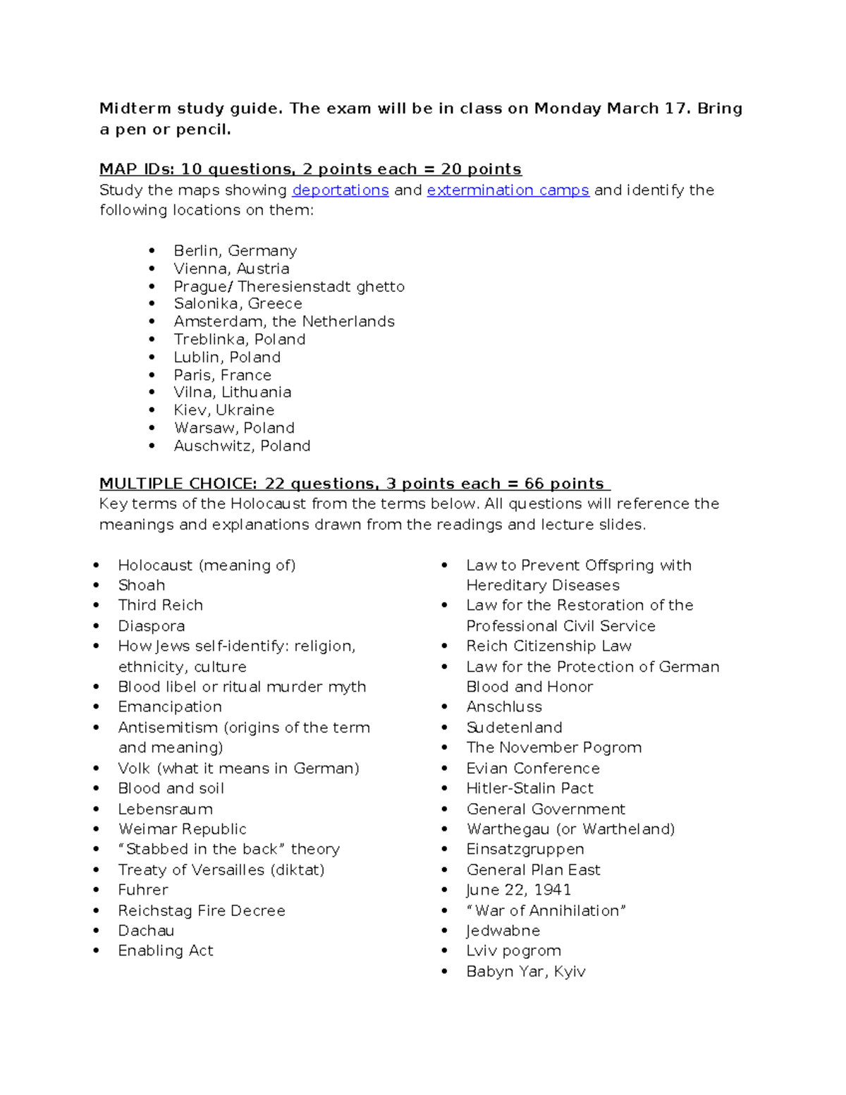 Midterm Study Guide: Holocaust Key Terms & Map ID Identifications - Studocu
