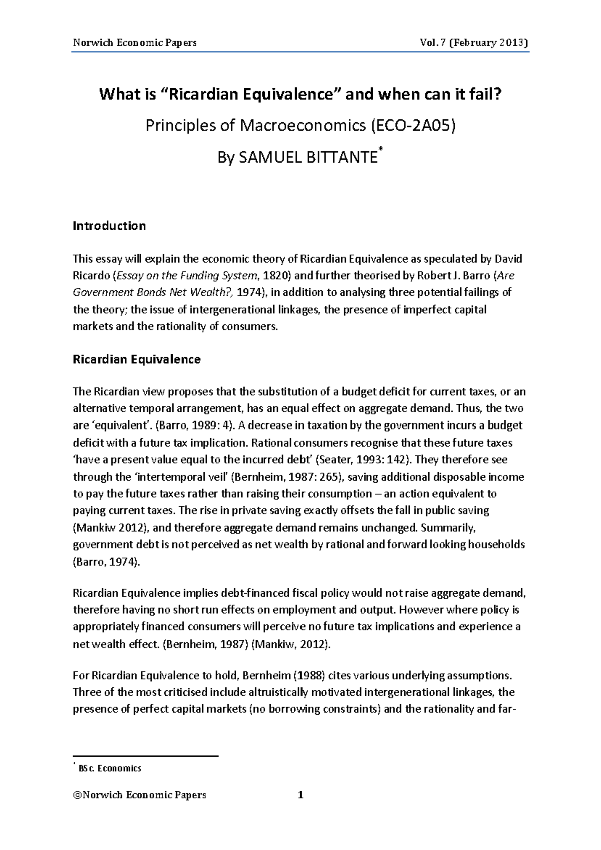 Norwich Economic Papers Vol. 7: Critique of Ricardian Equivalence - Studocu