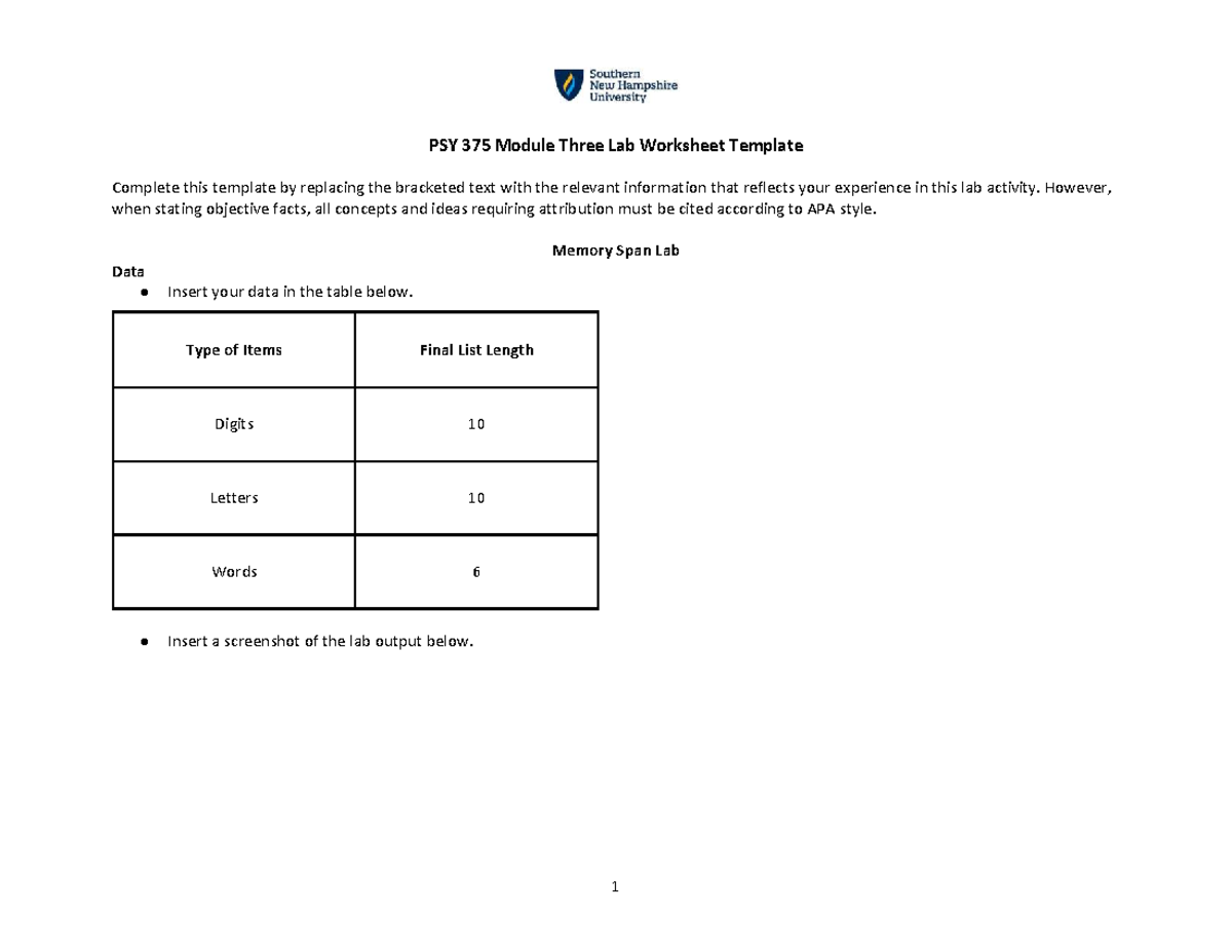 PSY 375 Module Three Lab Worksheet: Memory and Mental Rotation Analysis ...