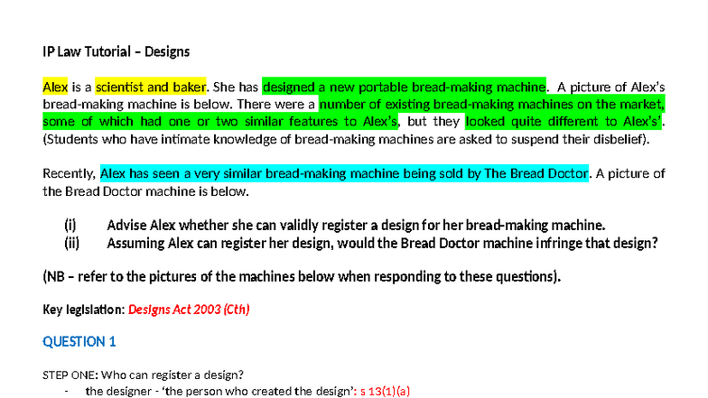 Tutorial 5 - Designs in IP Law: Alex's Portable Machine Analysis - Studocu