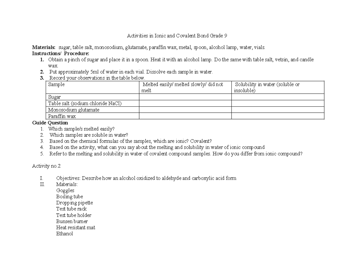 Activities in Ionic & Covalent Bonds: Grade 9 Lab Exploration - Studocu