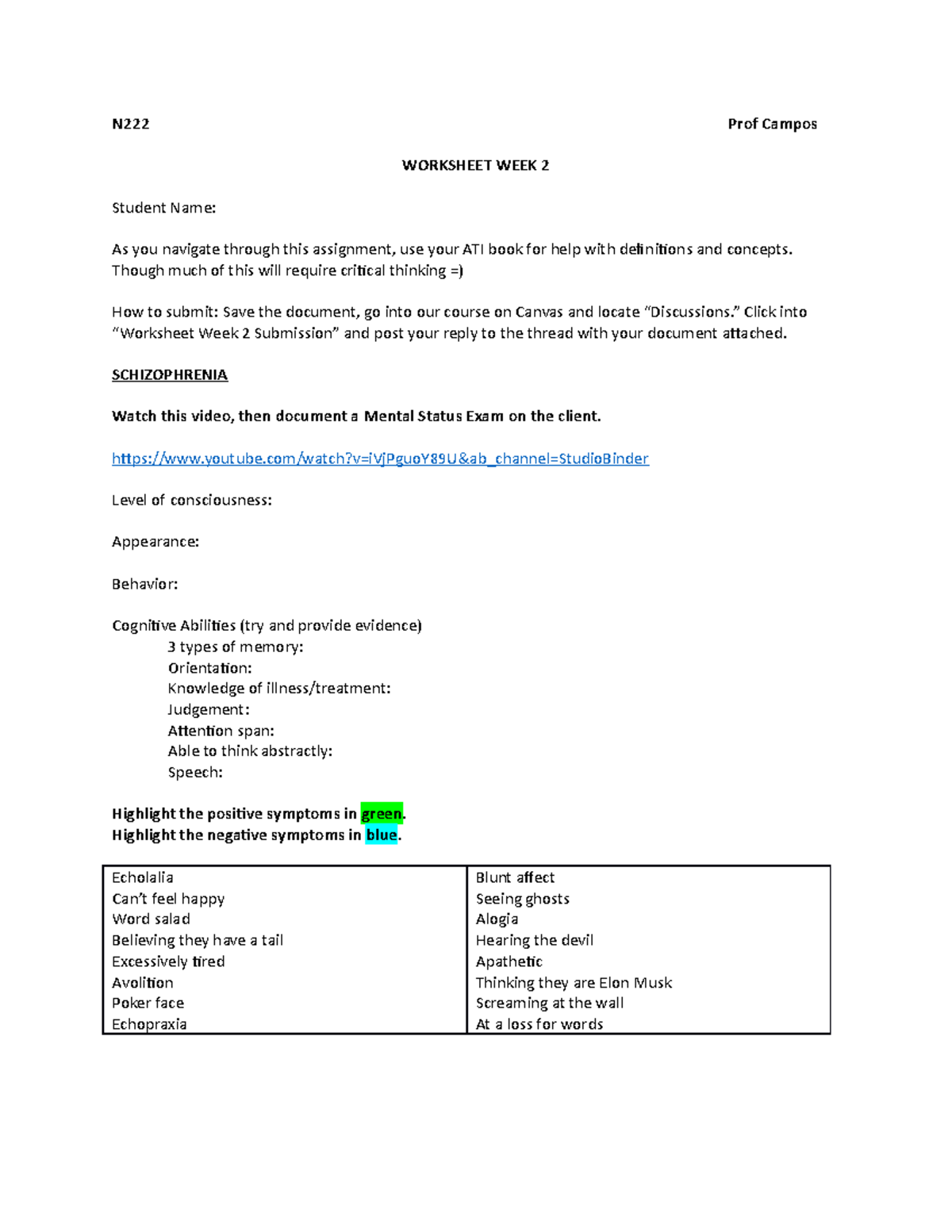 Worksheet Week 2 - N222 Prof Campos WORKSHEET WEEK 2 Student Name: As ...