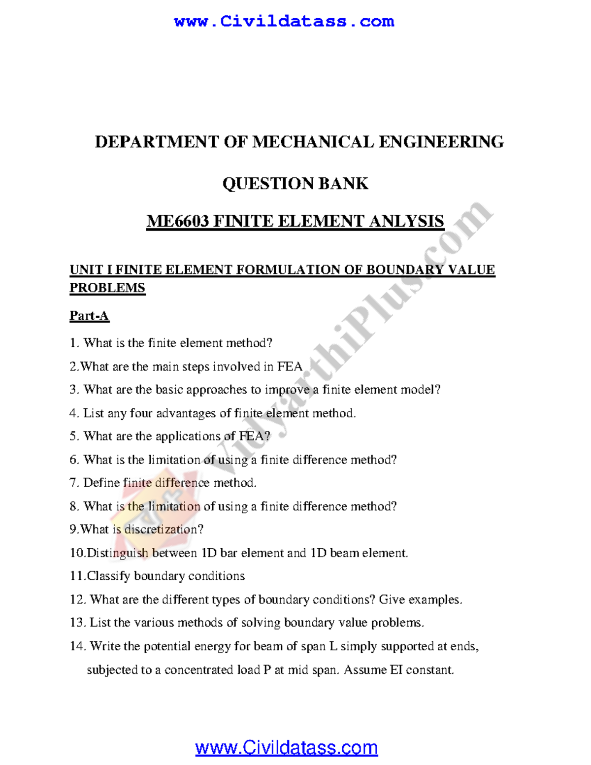 QB 3 - NIL - QUESTION BANK UNIT I FINITE ELEMENT FORMULATION OF ...