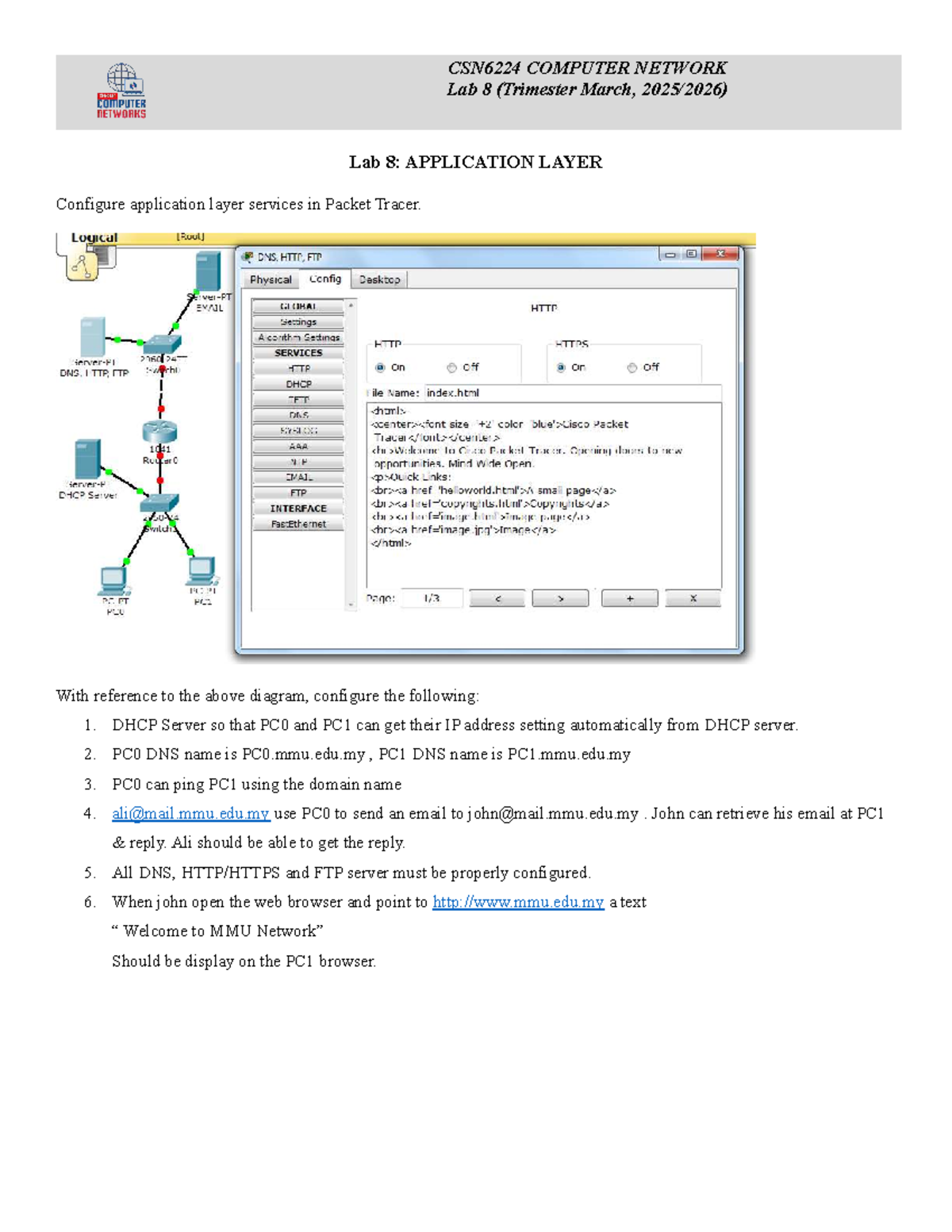 CSN6224 COMPUTER NETWORK Lab 8: Configuring Application Layer Services ...