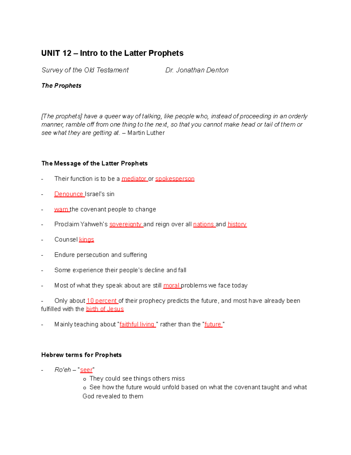 UNIT 12 - Overview of the Latter Prophets in the Old Testament - Studocu