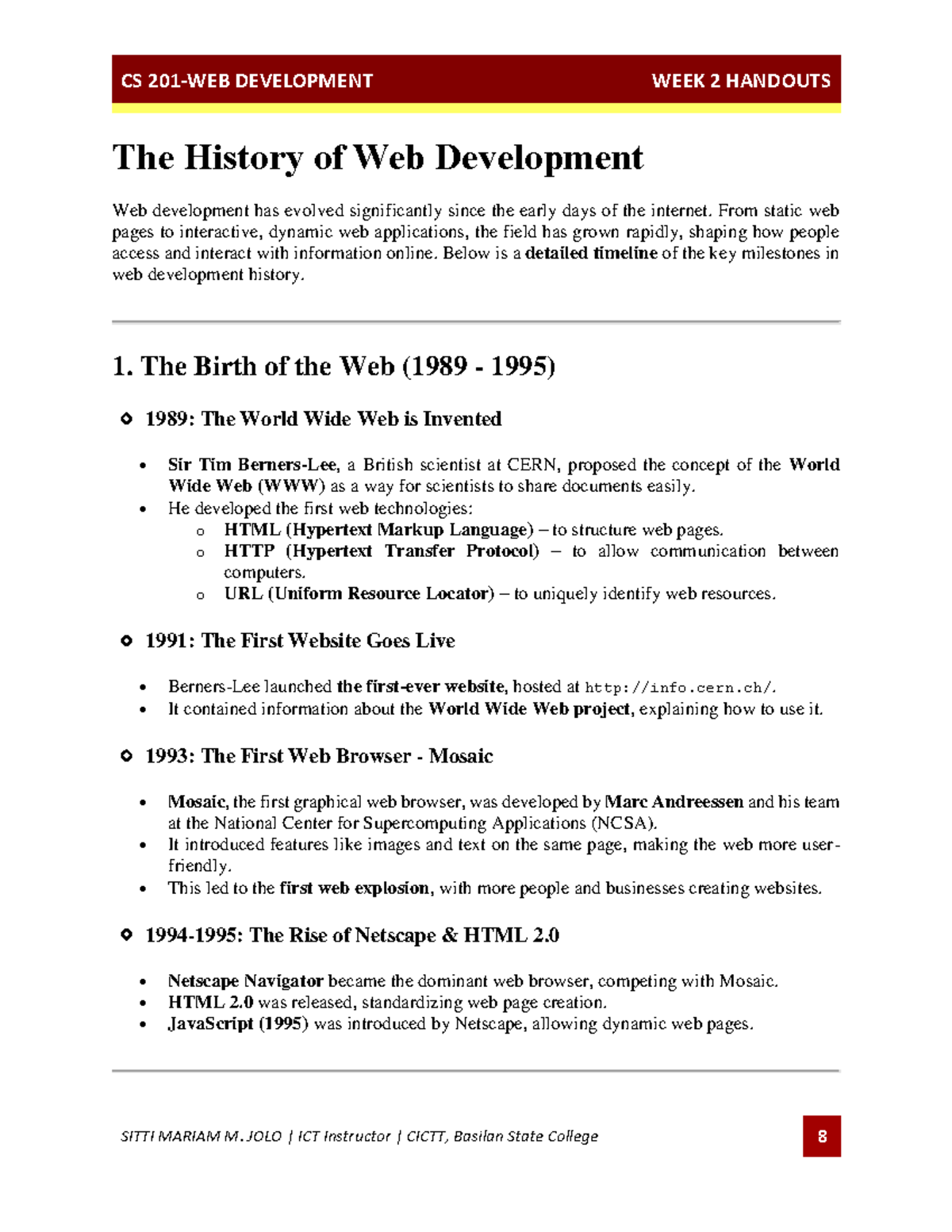 Week-2-Handout - Advance study - The History of Web Development Web ...