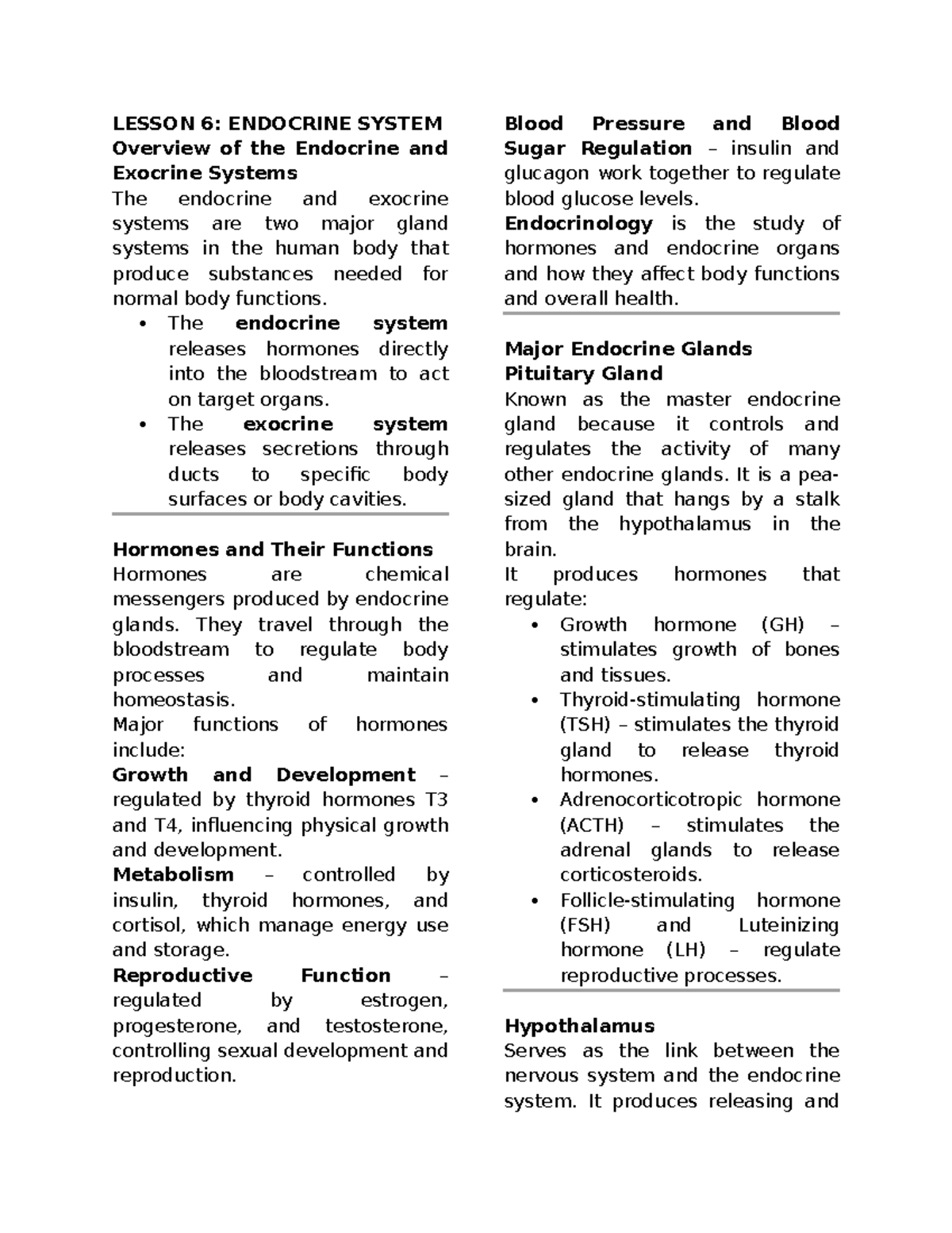 Lesson 6 & 7: Endocrine & Cardiovascular Systems Overview - Studocu