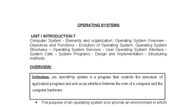 Operating Systems (CS101) Unit I: Introduction & Overview of Functions ...