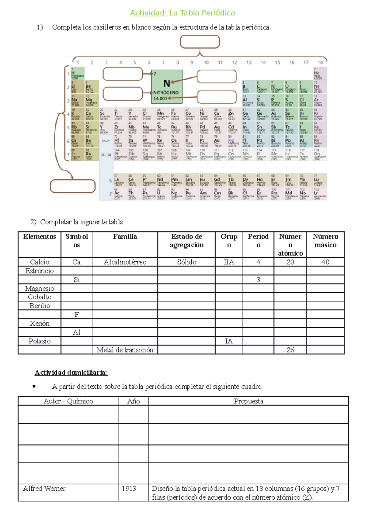 Hoja De Trabajo Para Completar La Tabla Periódica En Blanco