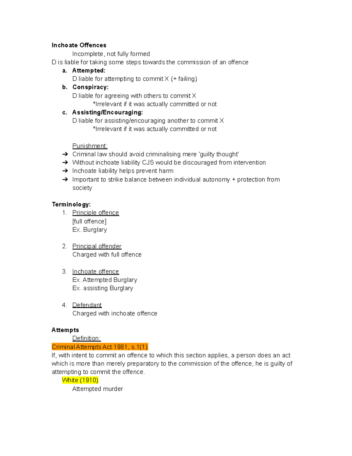 Criminal Law, Inchoate Offences - Inchoate Offences Incomplete, not ...