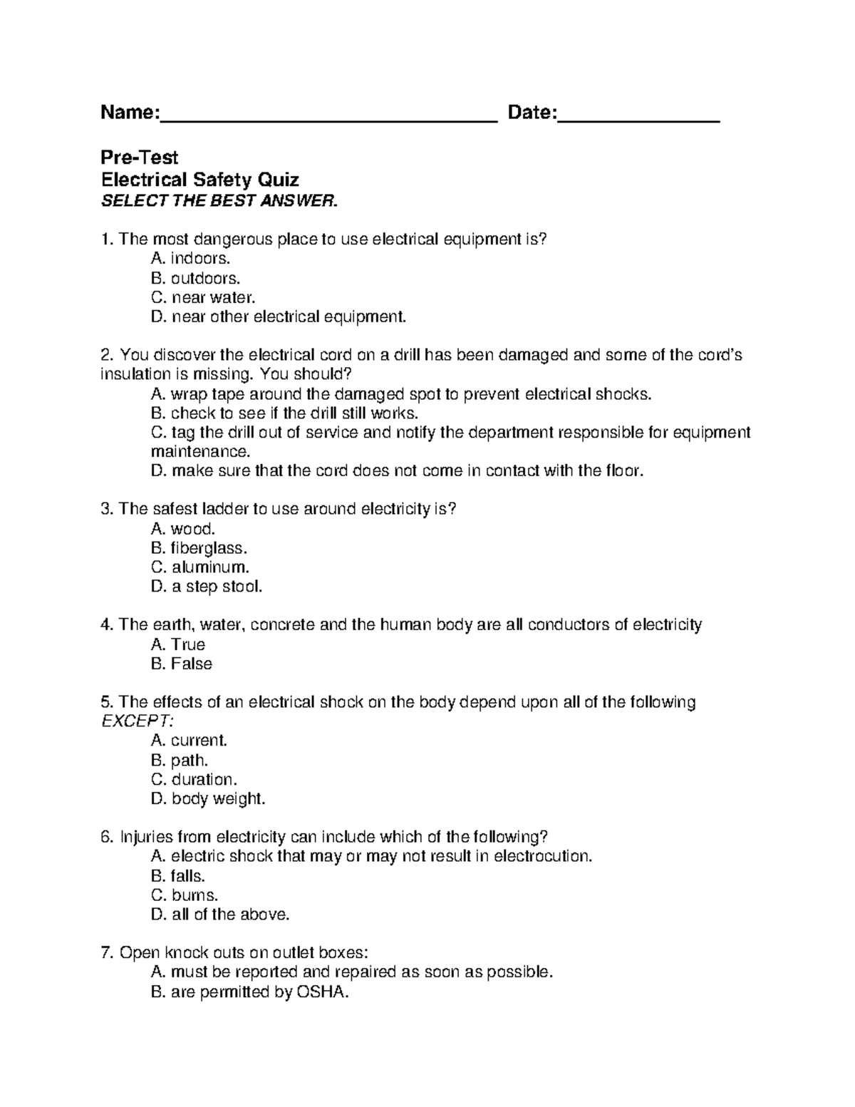 Electrical Safety pre- post-test and answer key - Name ...