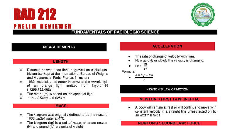 RAD 212 PRELIM REVIEWER: FUNDAMENTALS OF RADIOLOGIC SCIENCE - Studocu