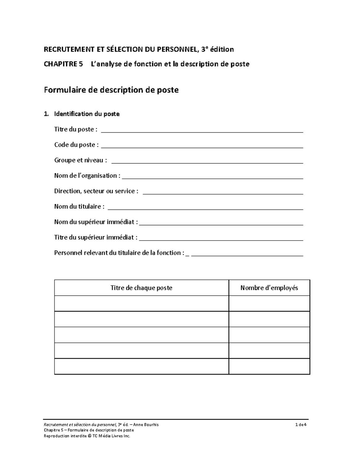 Formulaire de description de poste - Recrutement et sélection 3e éd ...