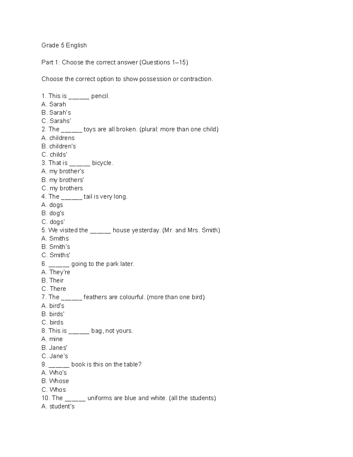 Grade 5 English: Possessive Apostrophes Practice Questions - Studocu